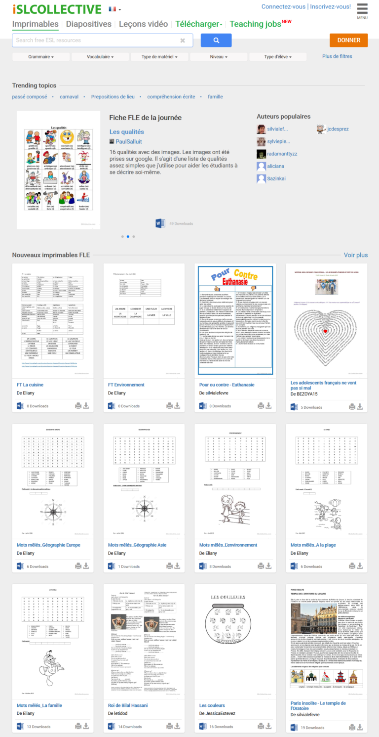 Fiches pédagogiques FLE gratuites. iSL Collective